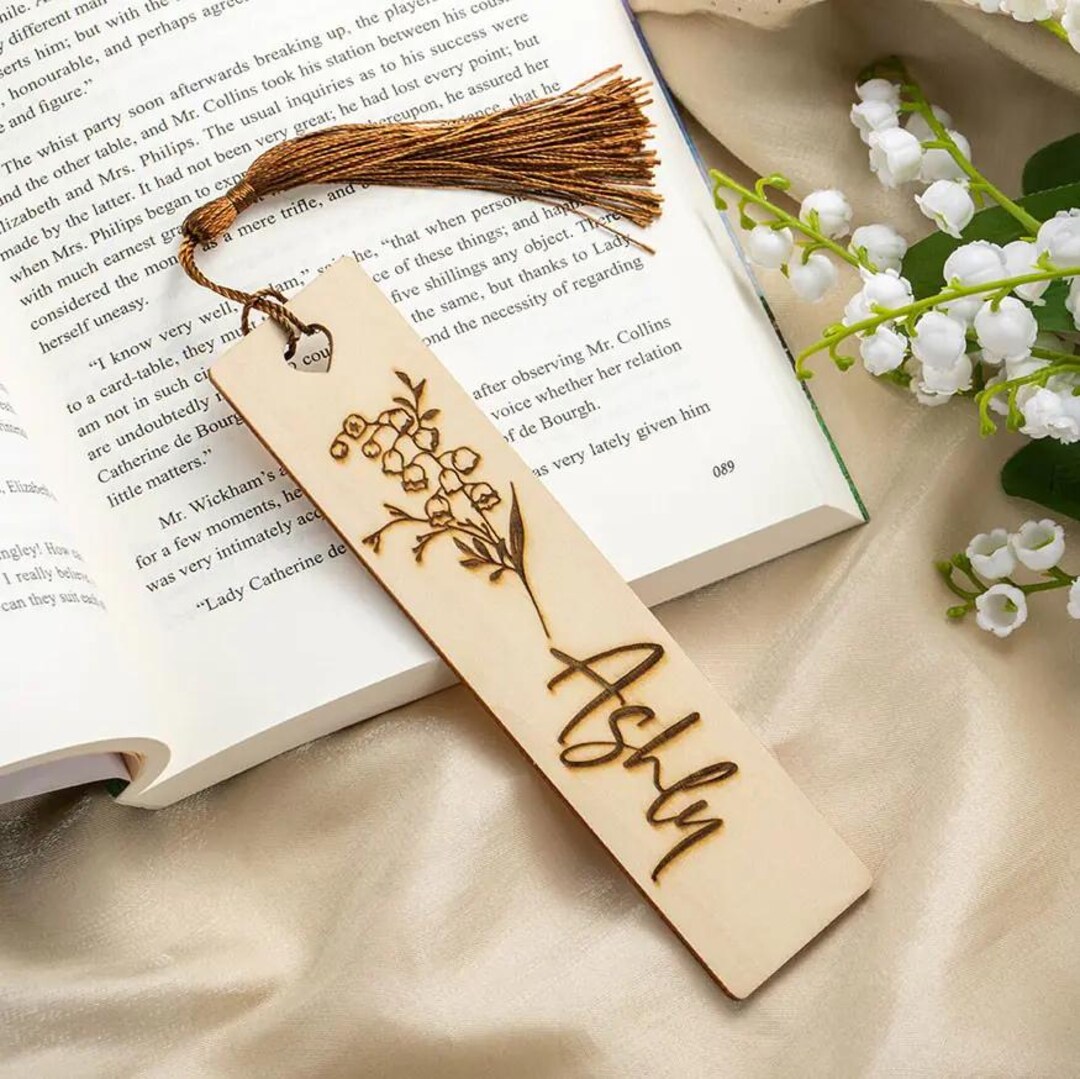 Custom Name + Birth Flower Wooden Bookmark With Tassel, Floral Engraved ...