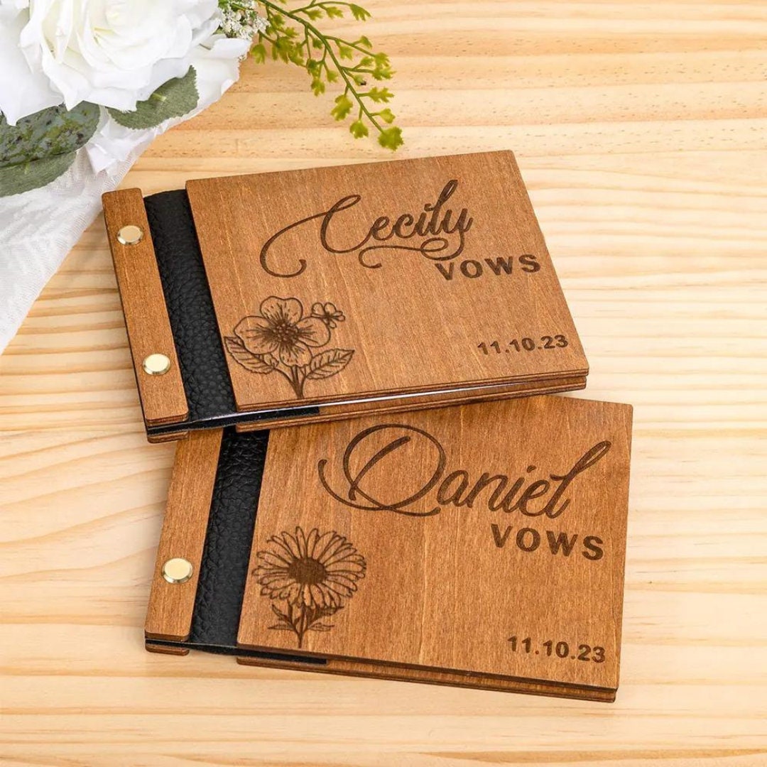 Custom Names & Birth Flower Wedding Vows Booklet set of 2pcs, Him Hers ...