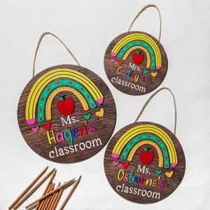 Custom Name Rainbow Teacher Door Sign, Wooden MDF Classroom Welcome ...