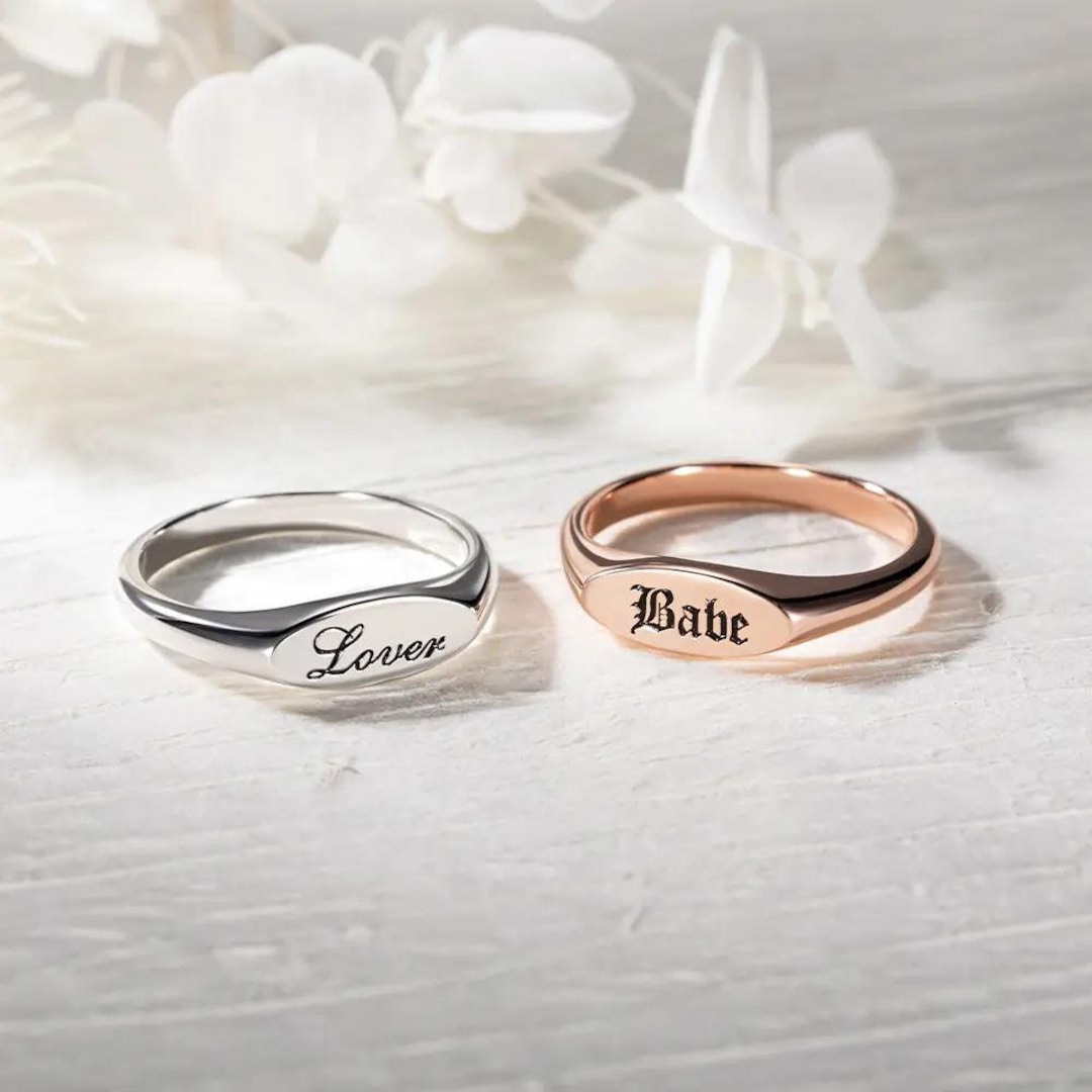 Custom Name Dainty Oval Signet Ring, Dainty Engraved Statement Name ...