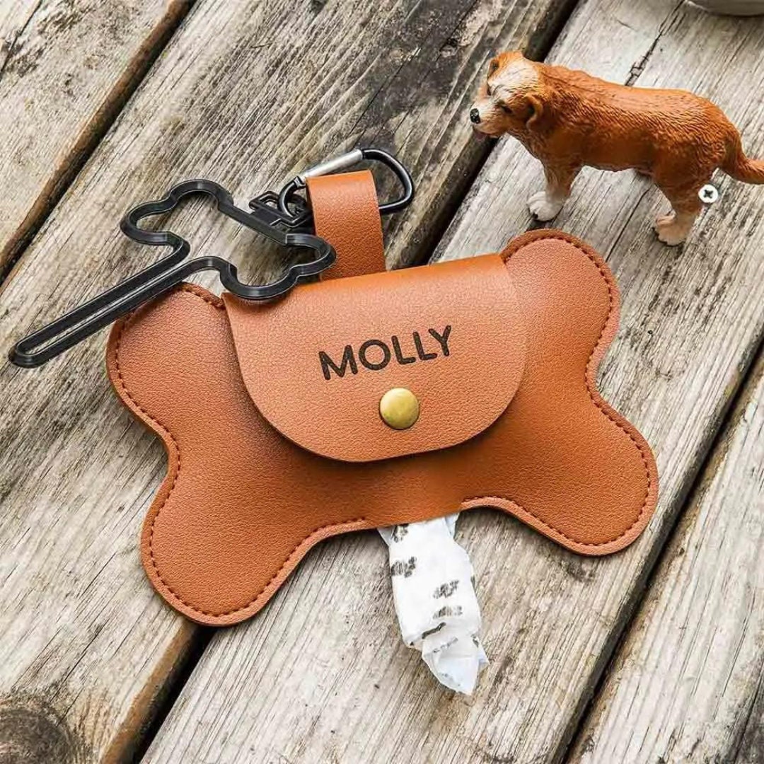 Dog Poop Bag Holder - Personalized Cowhide Leather, Bone Shaped ...