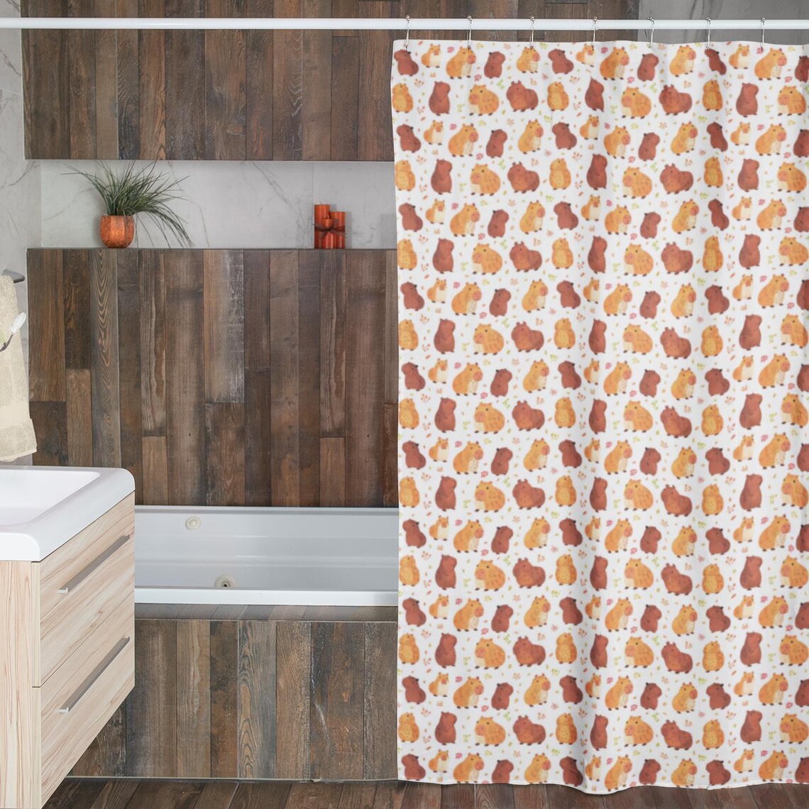 Capybara Print Shower Curtain, Kawaii Chibi Style Capybara Print Shower ...