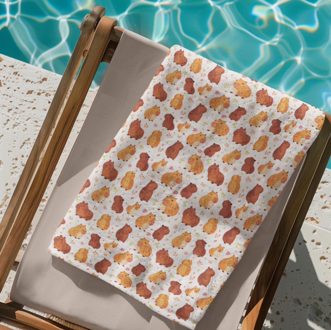 Capybara Print Bath Towel, Kawaii Chibi Style Capybara Polycotton Towel ...