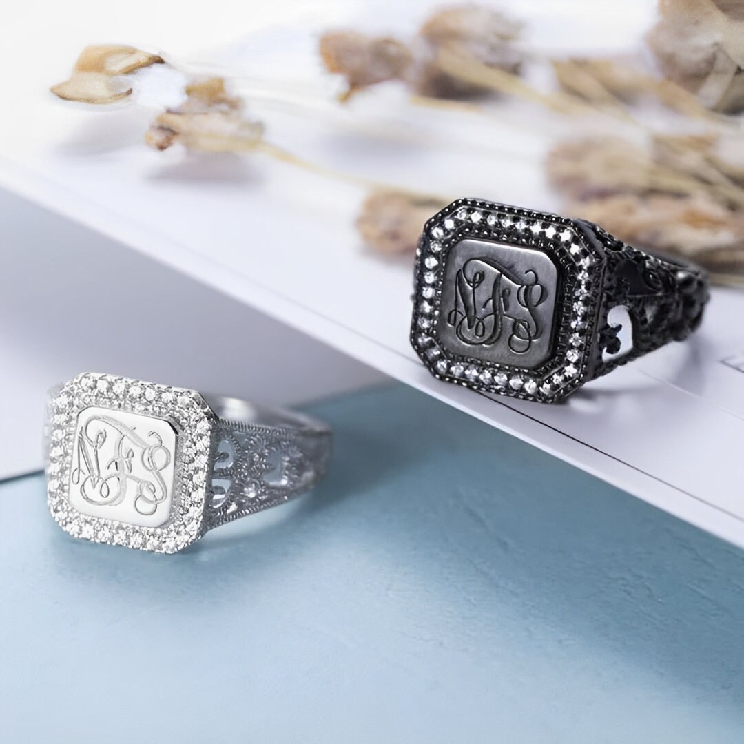Personalized Cubic Zirconia Monogram Ring, Monogram Signet/champion ...
