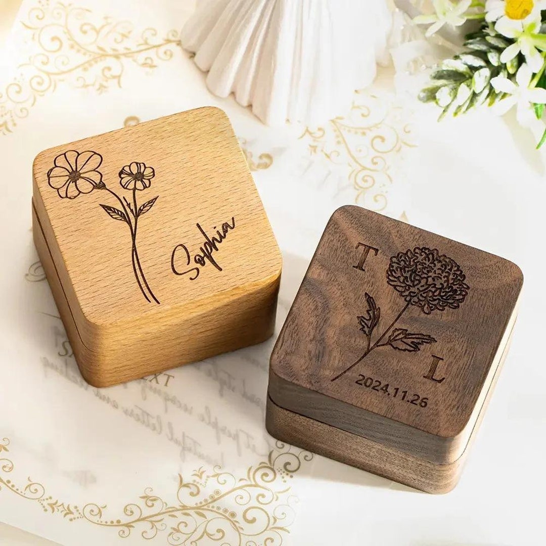Custom Wooden Engraved Birth Flower Ring Box, Engagement Proposal Ring ...