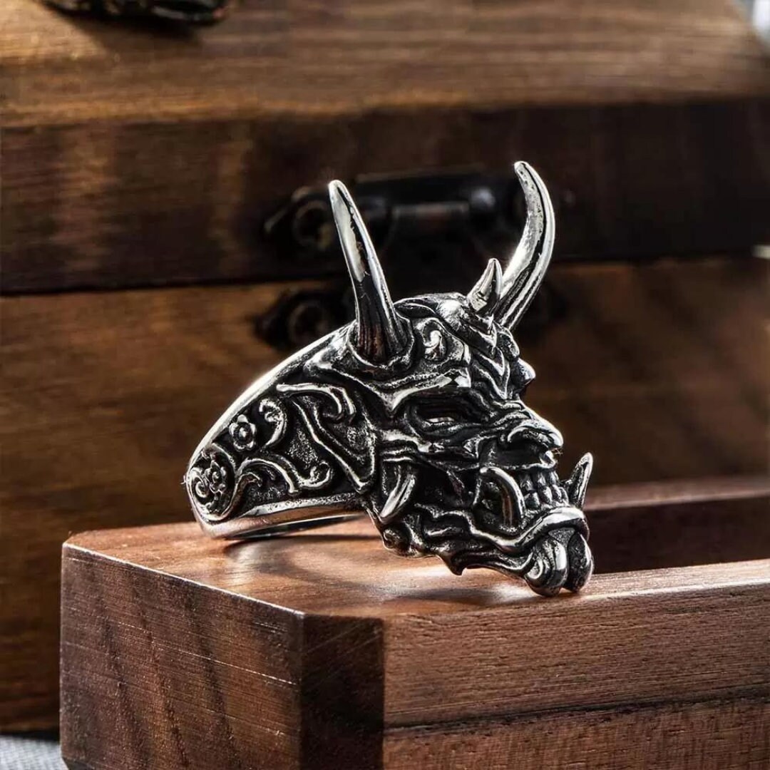 Hannya Ghost Ring, Ajustable Oni Mask Ring, Stainless Steel Japanese ...