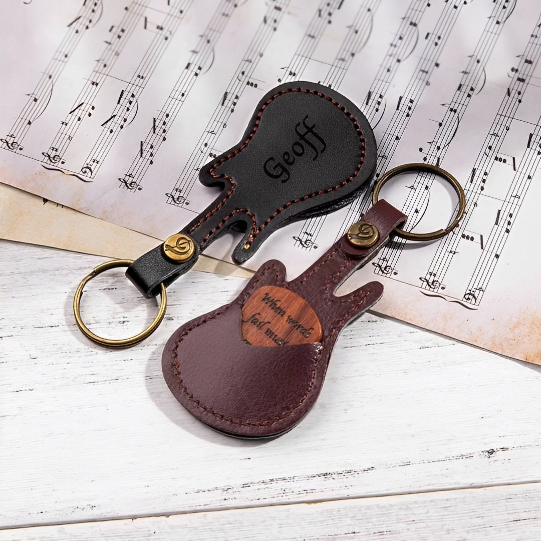 Custom Name Guitar Leather Keyring/guitar Pick Holder, Custom Engraved ...