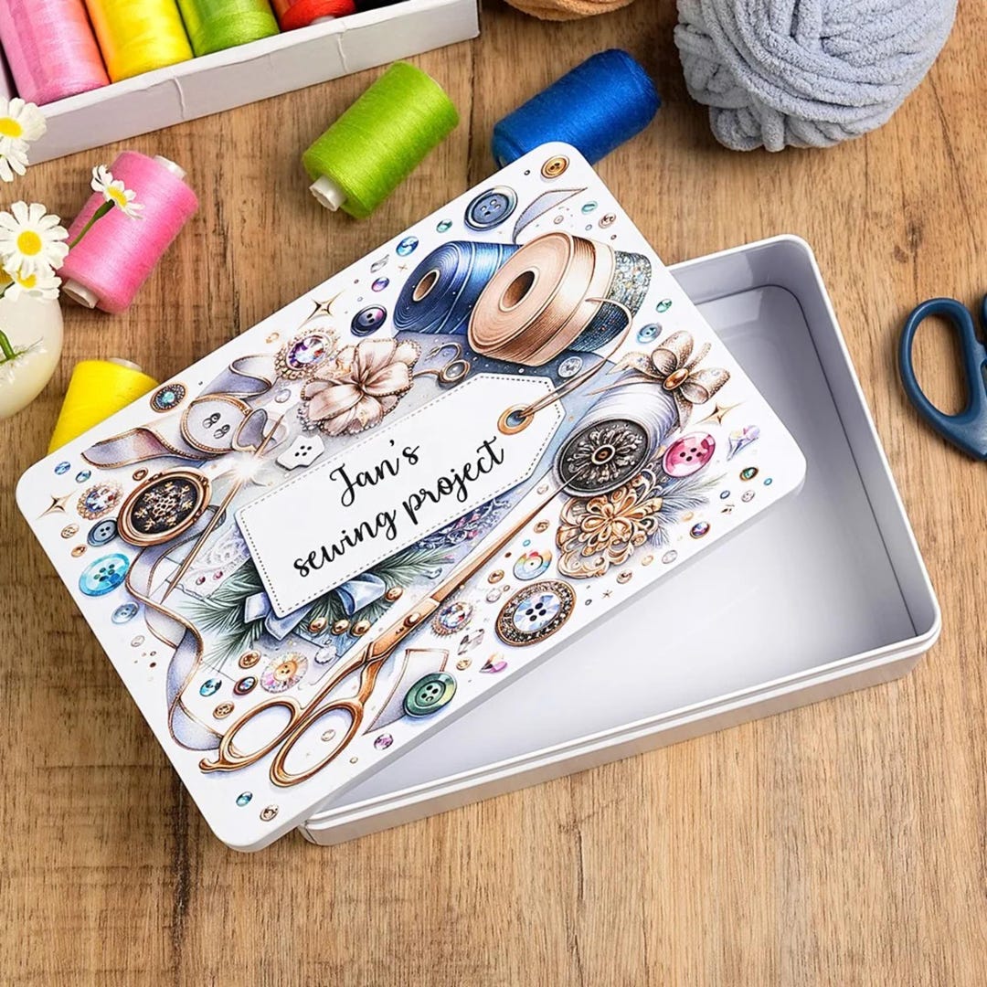 Personalized Name Sewing Storage Tin With Lid, Rectangular Tinplate Box ...