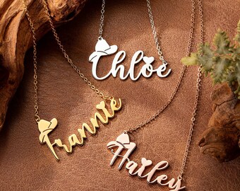 Personalized Name Necklace With Cowboy Hat Custom Script Font Sterling Silver 925 brass Western Fashion Jewelry Unique Gift Etsy