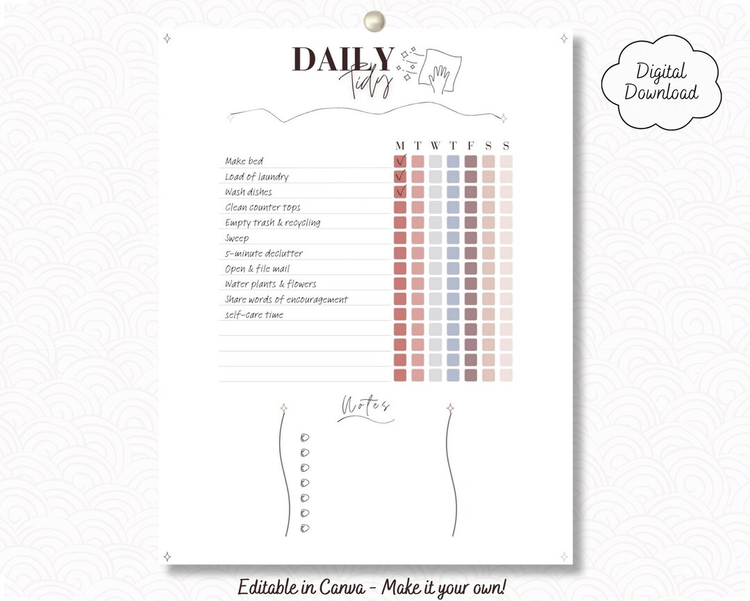 Daily Tidy Pink Cleaning Checklist Printable Family Chore Chart ...