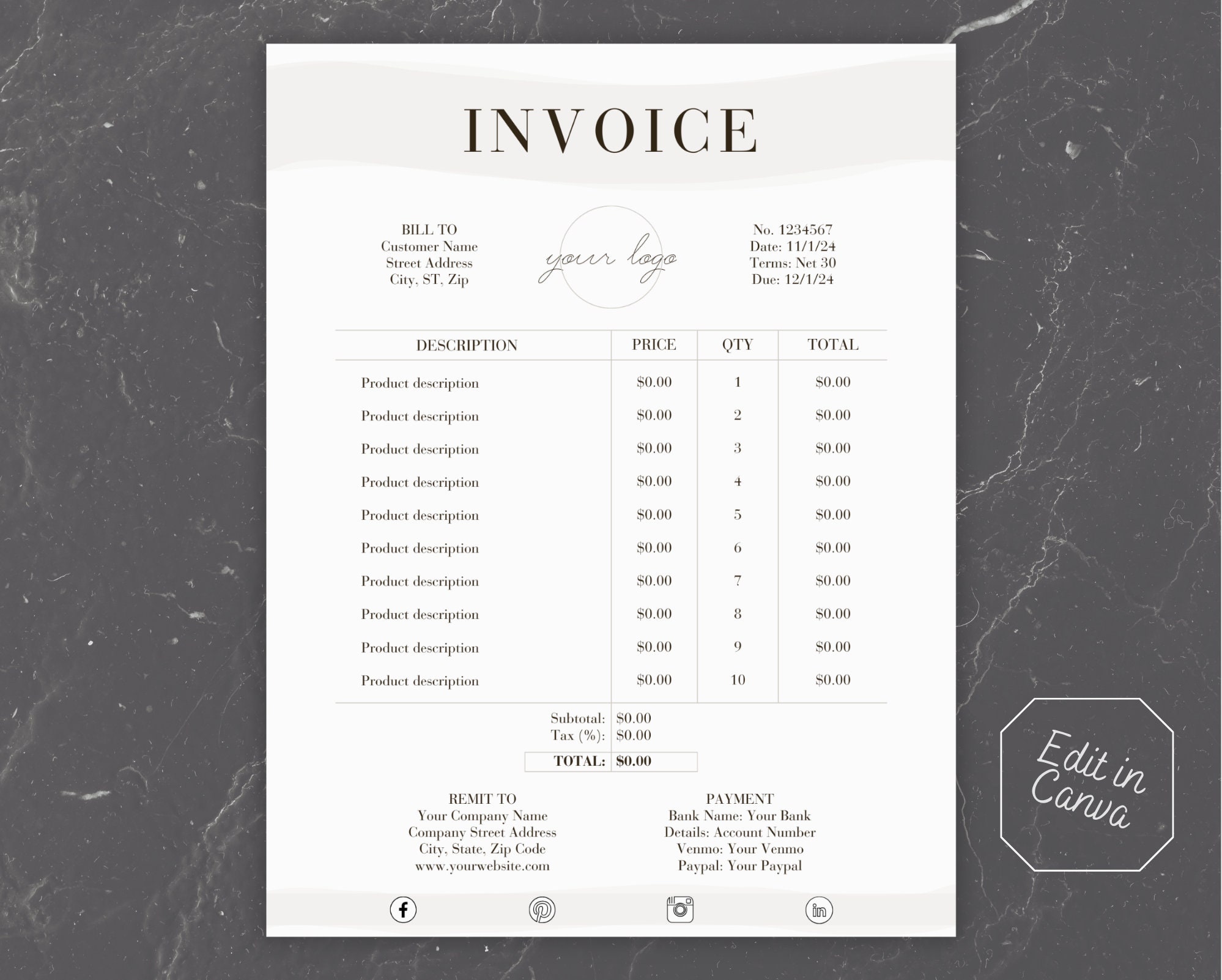 Neutral Invoice Template Bundle Printable Invoice Template Download ...