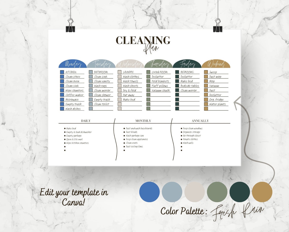 Cleaning Plan Green Weekly Cleaning Schedule Printable Household Chore ...