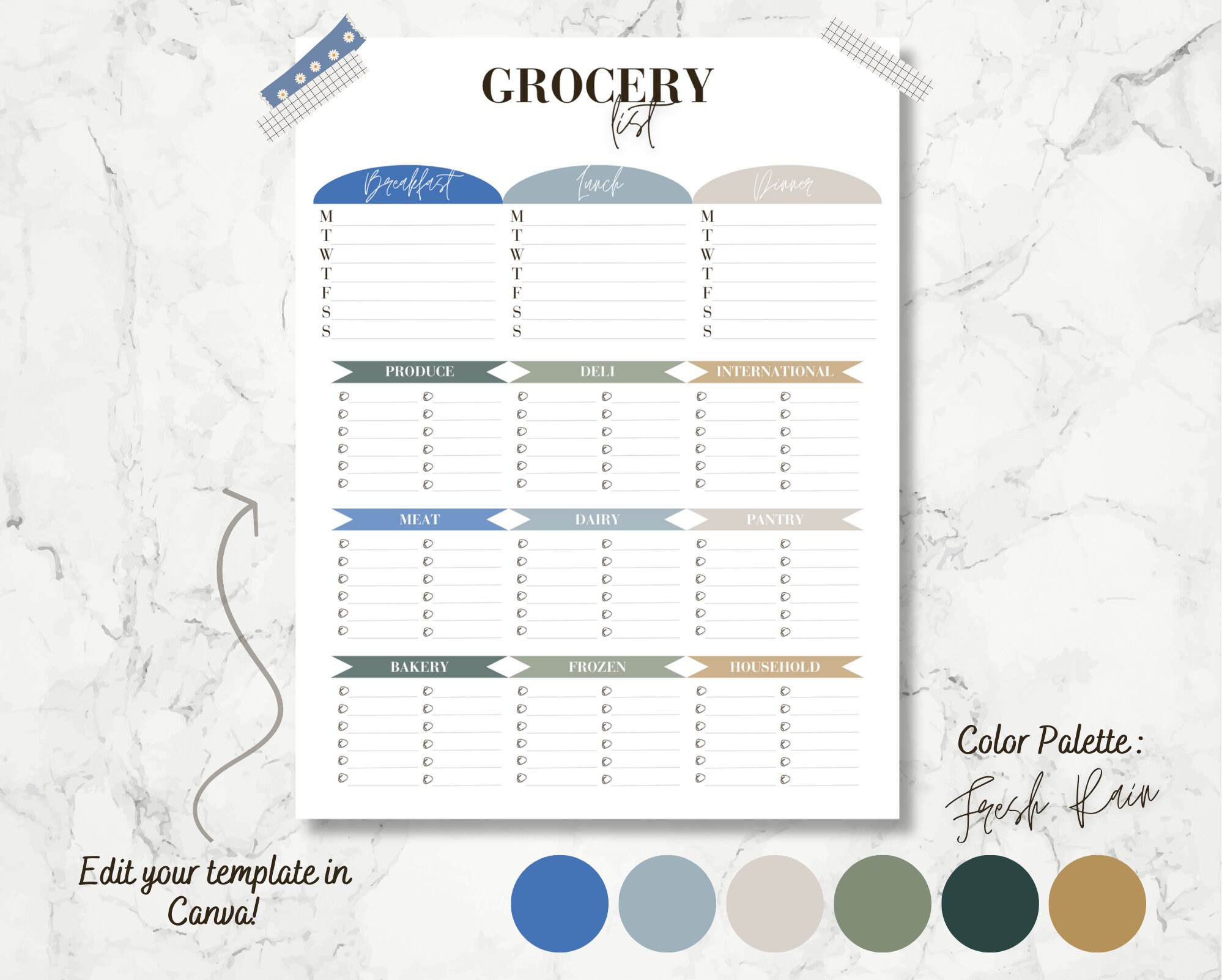 Grocery List Green Weekly Meal Plan Food Prep Editable Printable ...