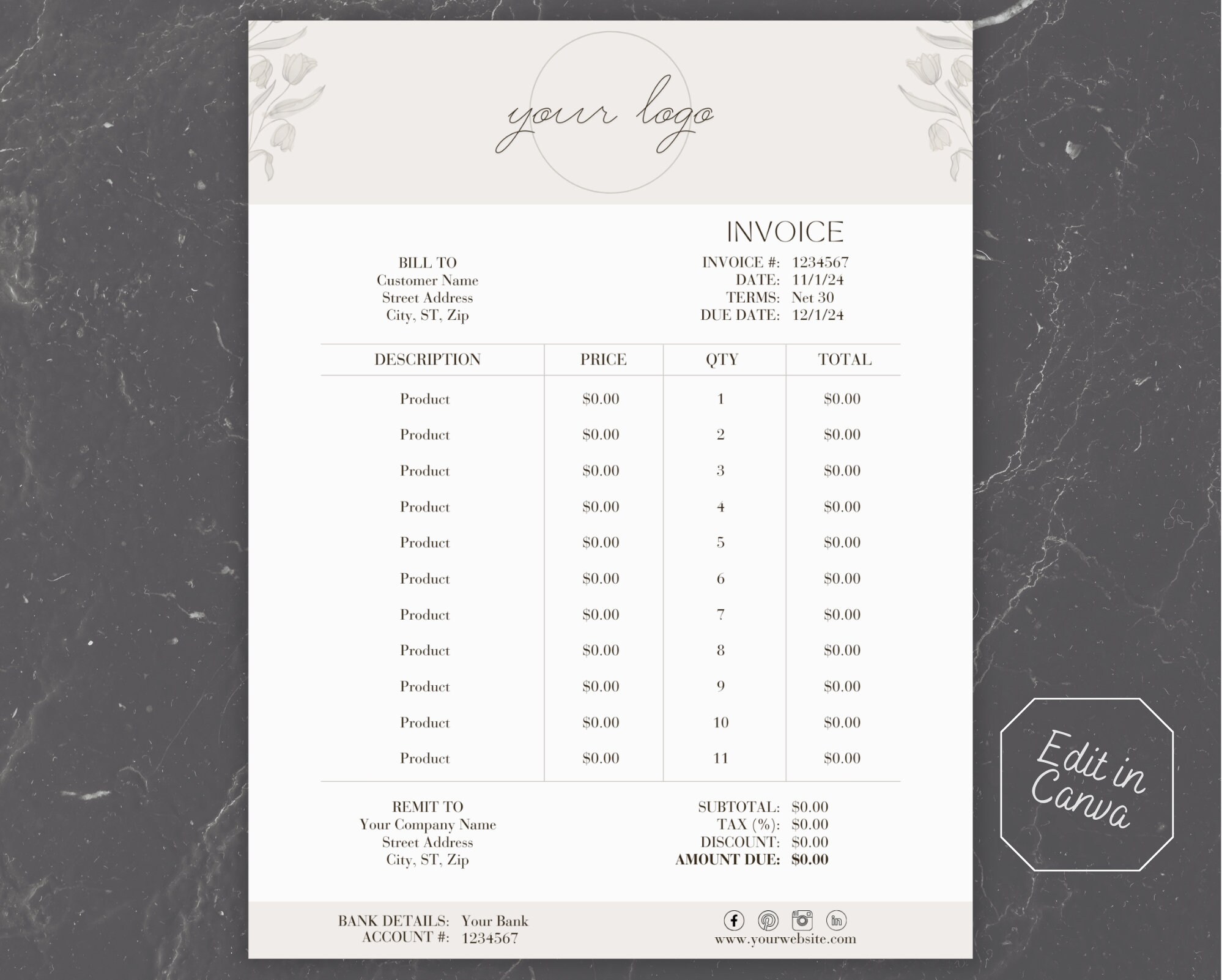 Neutral Invoice Template Printable Invoice Template Download - Etsy