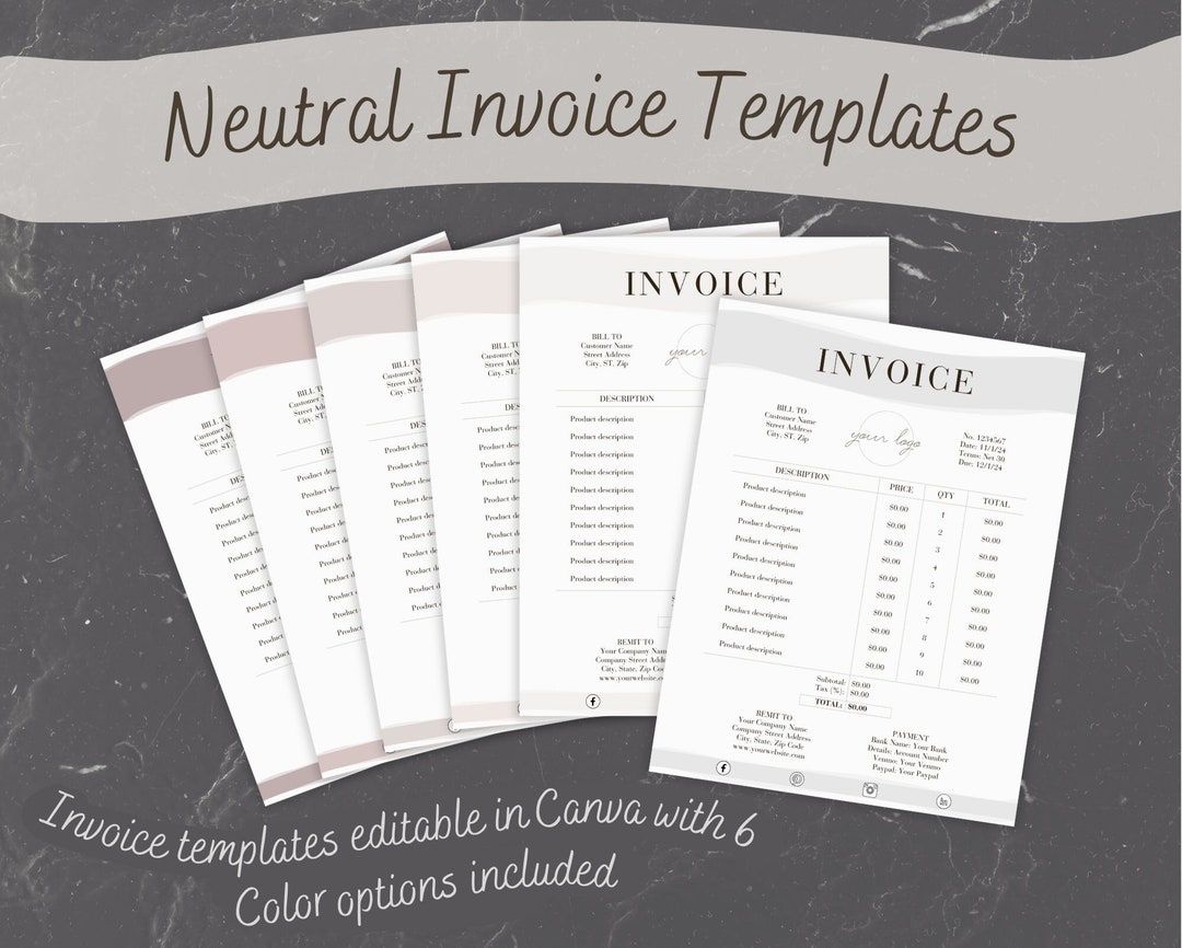 Neutral Invoice Template Bundle Printable Invoice Template Download ...