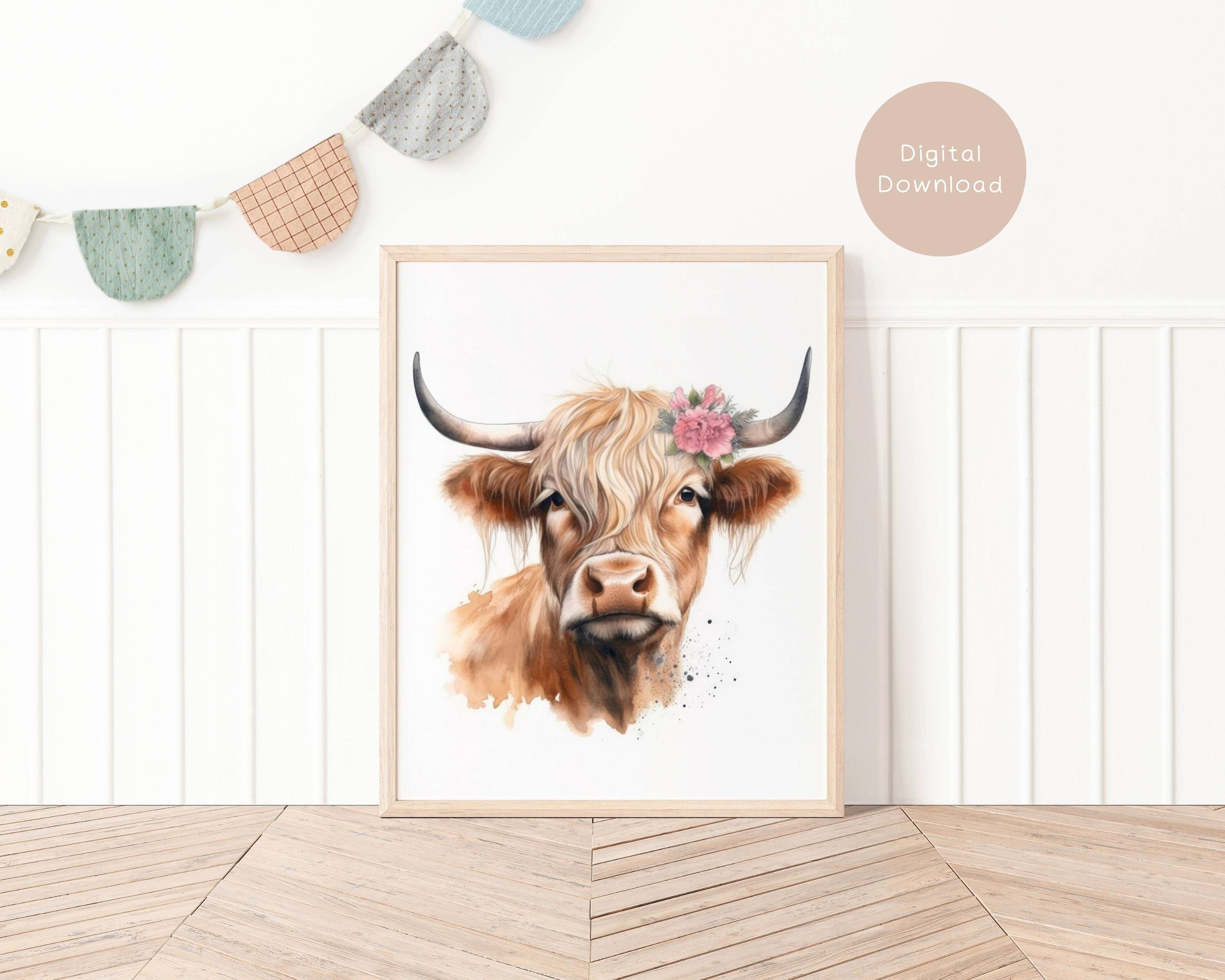 Highland Cow With Flower Crown Wall Poster, Flower Cow Print for ...