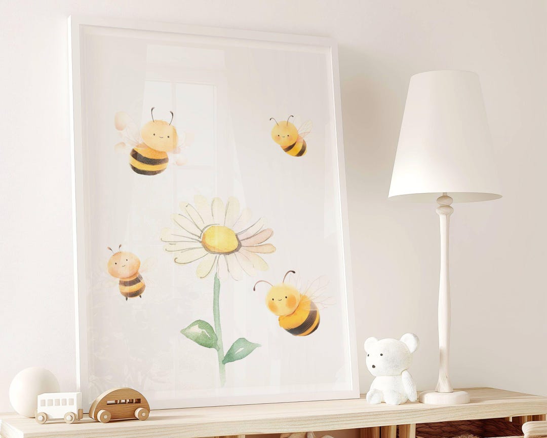 Bee Nursery Prints, Cute Floral Poster Flying Bees Digital Download ...