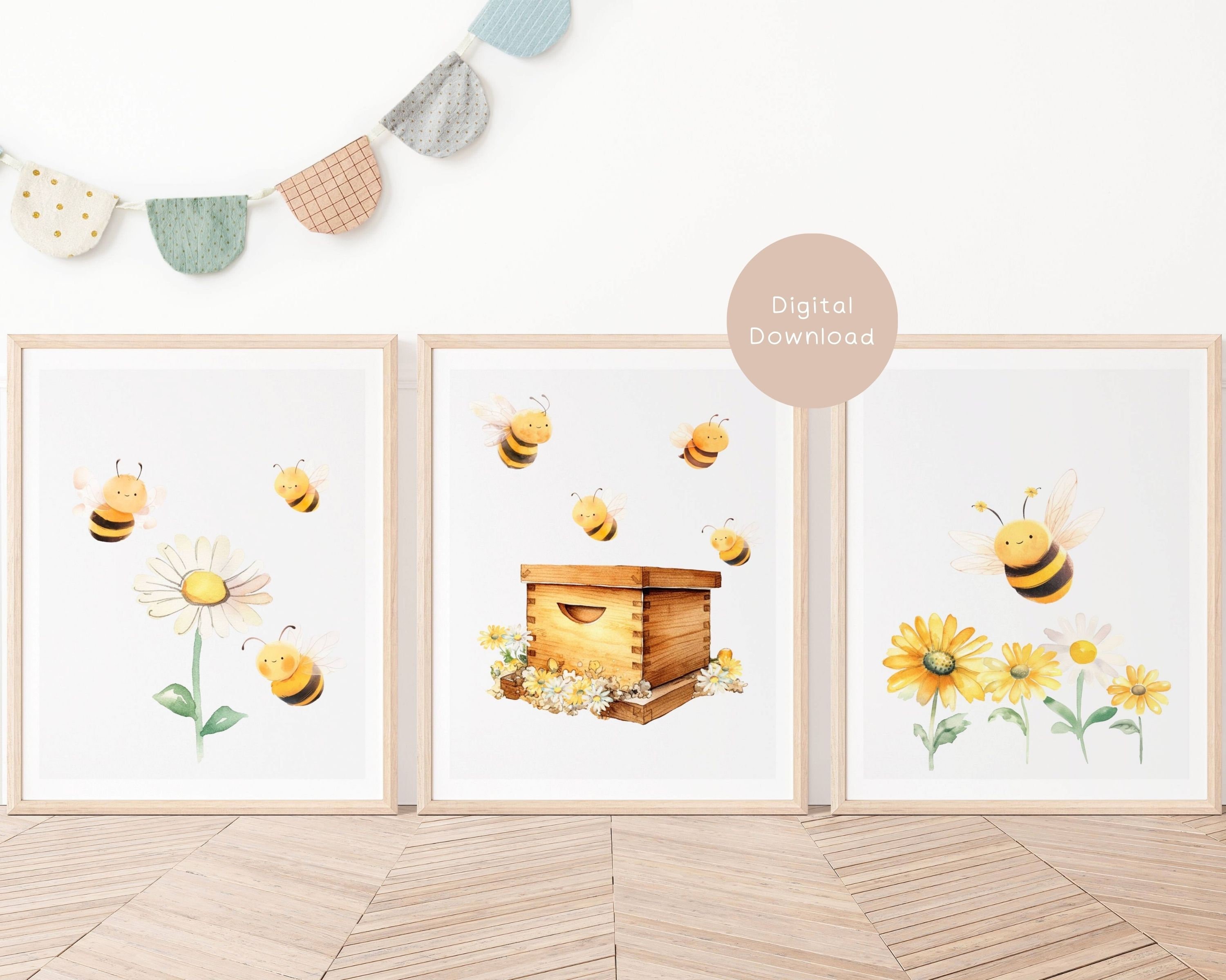 Bee Nursery Prints Set of 3 Cute Floral Posters Digital - Etsy