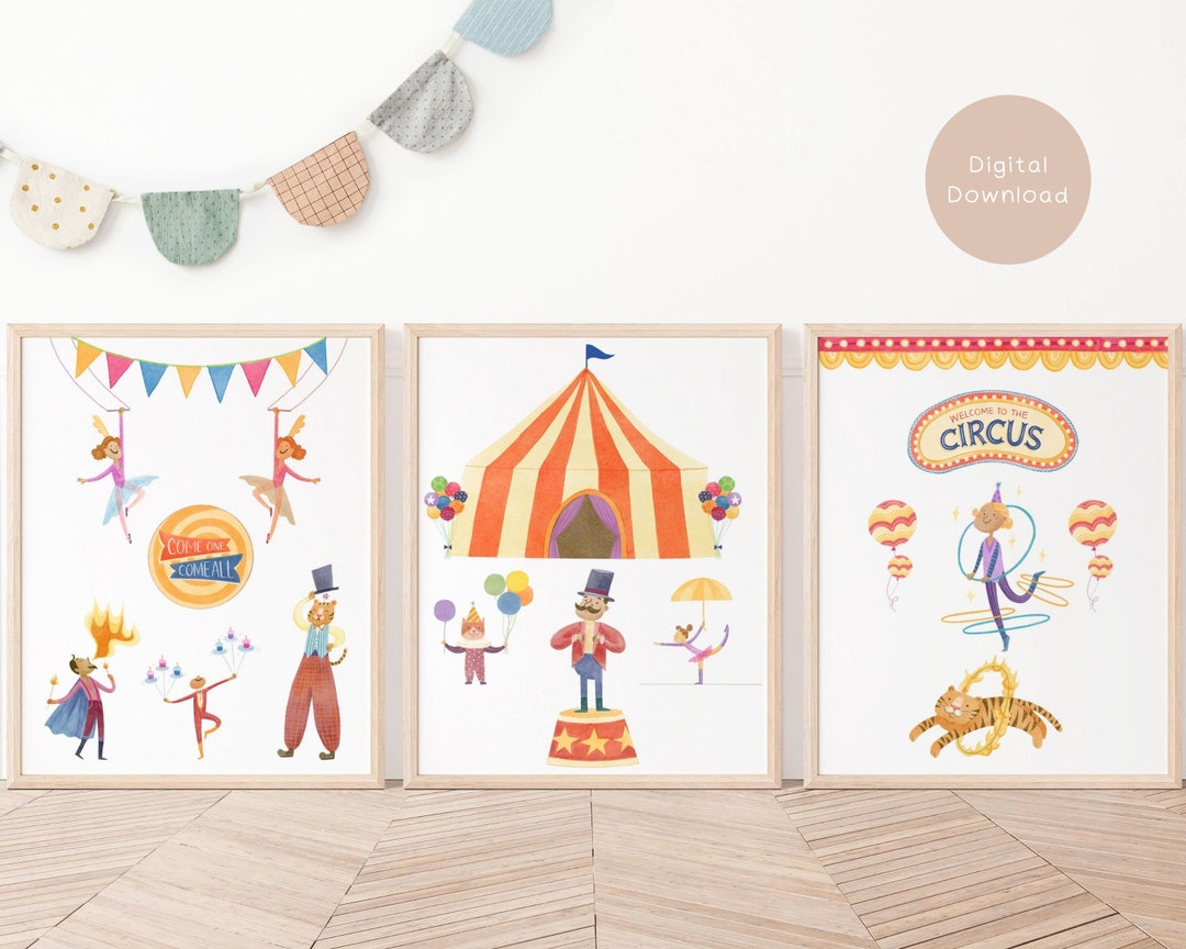 Set of 3 Circus Theme Posters, Watercolor Acrobatic Prints, Nursery ...