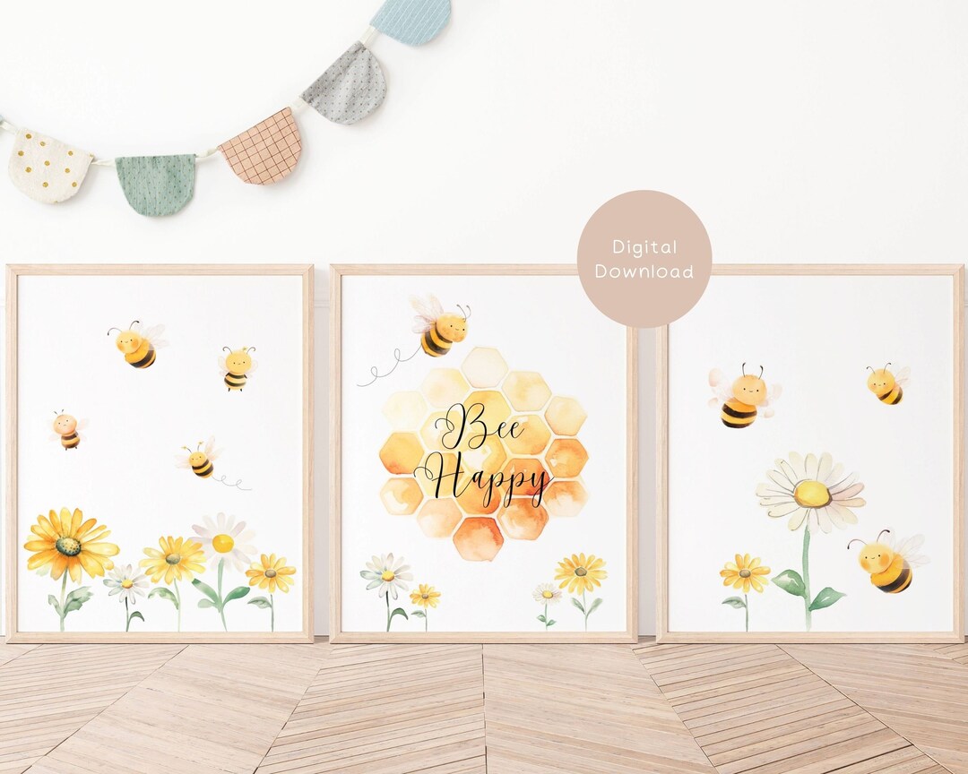 Bee Happy Nursery Prints Set of 3, Cute Floral Bumble Bee Posters ...