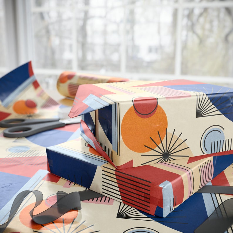 Abstract Mid Century Wrapping Paper Roll Retro Geometric Shapes Gift ...