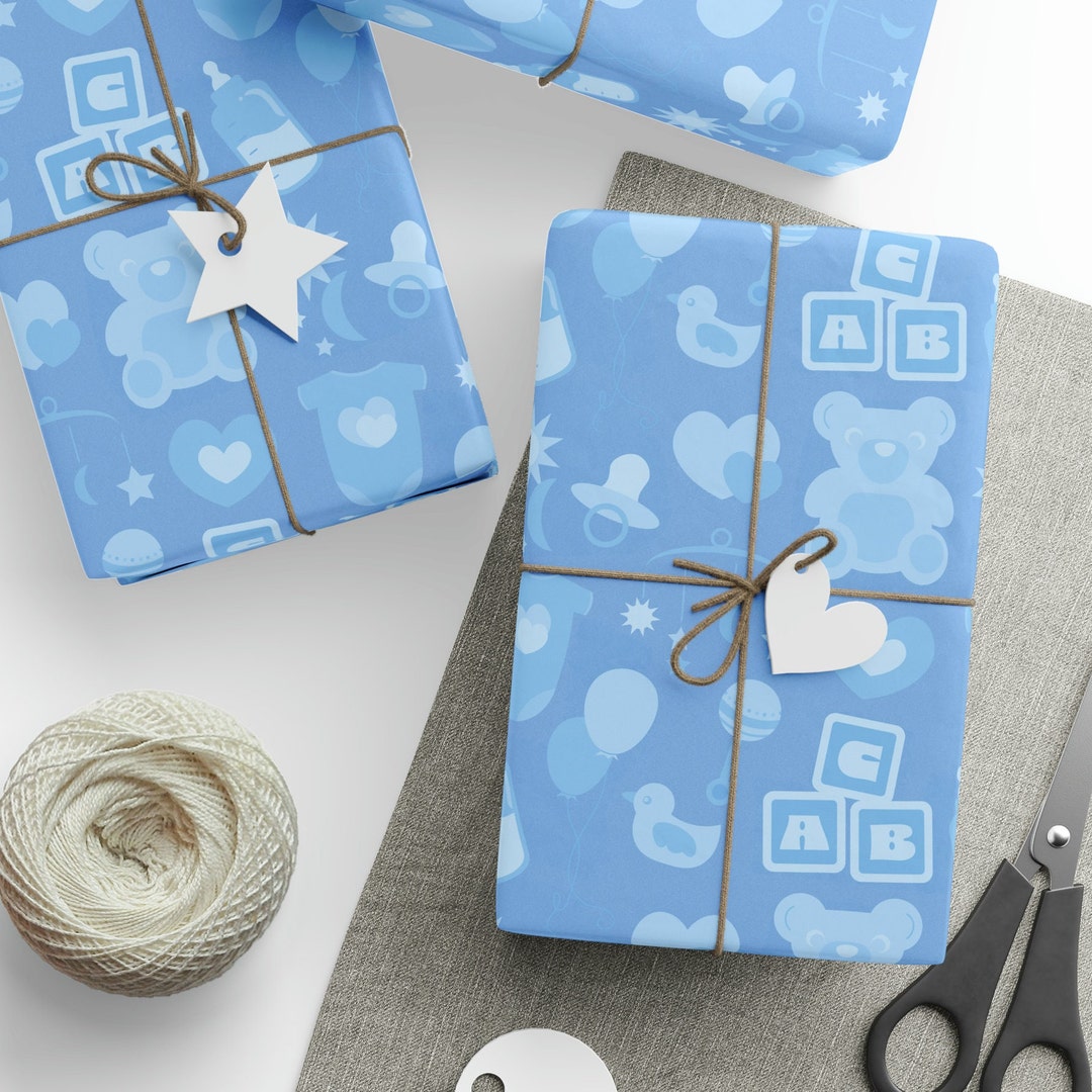 Baby Wrapping Paper Roll | Blue Baby Boy Gift Wrap | Baby Shower Gift ...