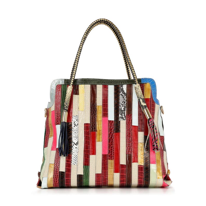 Colorful Genuine Leather Patchwork Tote Bag - Etsy