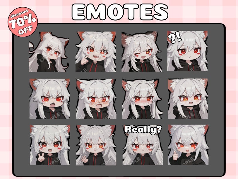 White Fox Girl Emotes 12 Brown Eyes, Black Hoodie / Twitch Emotes ...