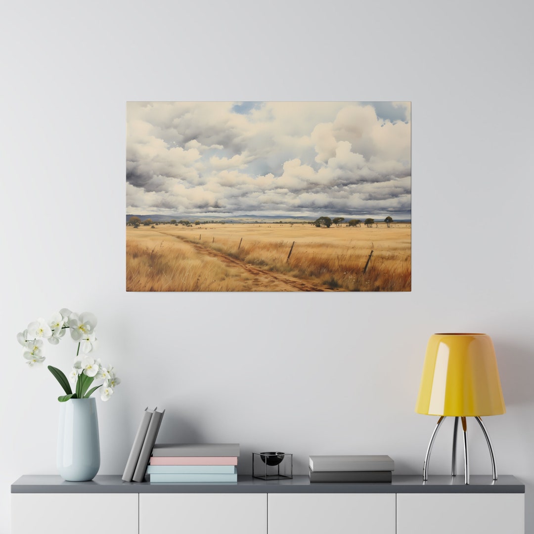 Atmospheric Field Canvas Artwork Watercolor Depiction of Cloudy ...