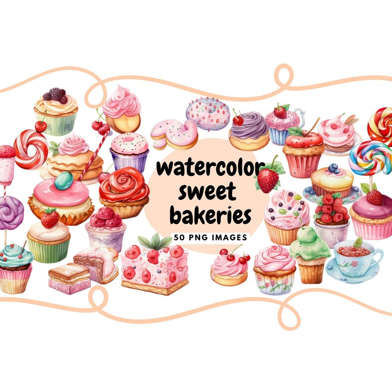 50 Watercolor Sweet Bakeries Clipart Bakery Clipart Png - Etsy