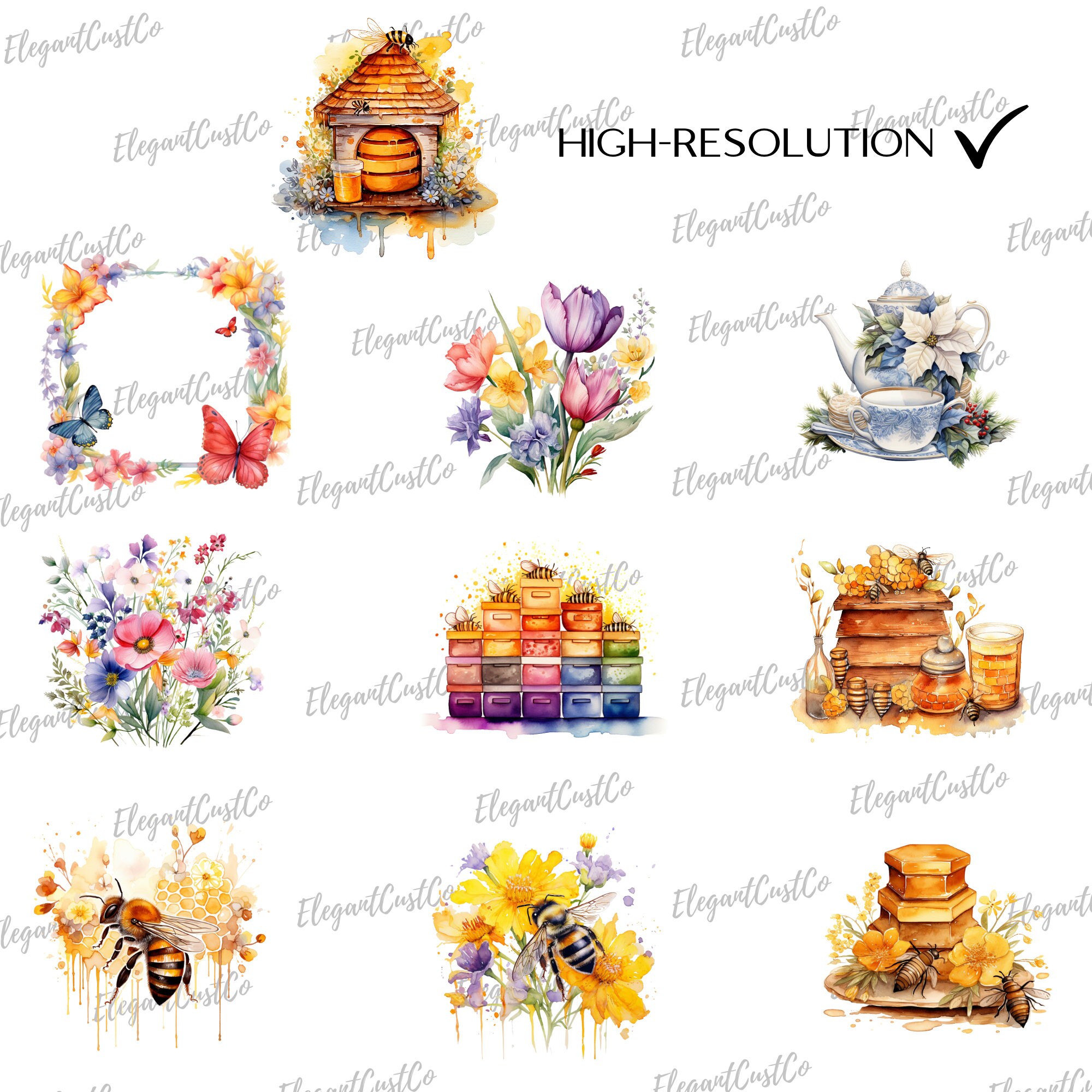Watercolor Honey Bee Clipart Spring Garden Bee Honey Drips - Etsy