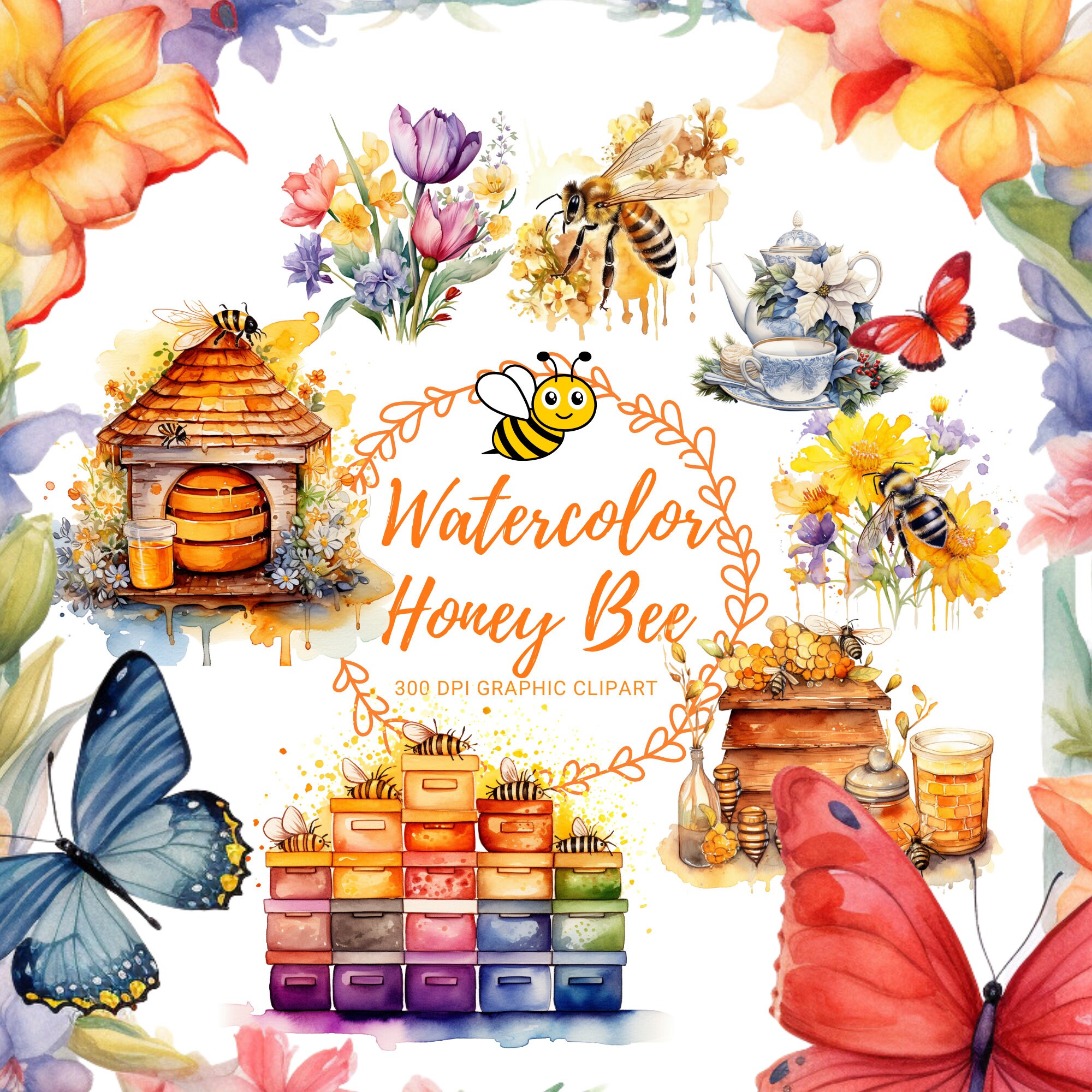 Watercolor Honey Bee Clipart Spring Garden Bee Honey Drips - Etsy