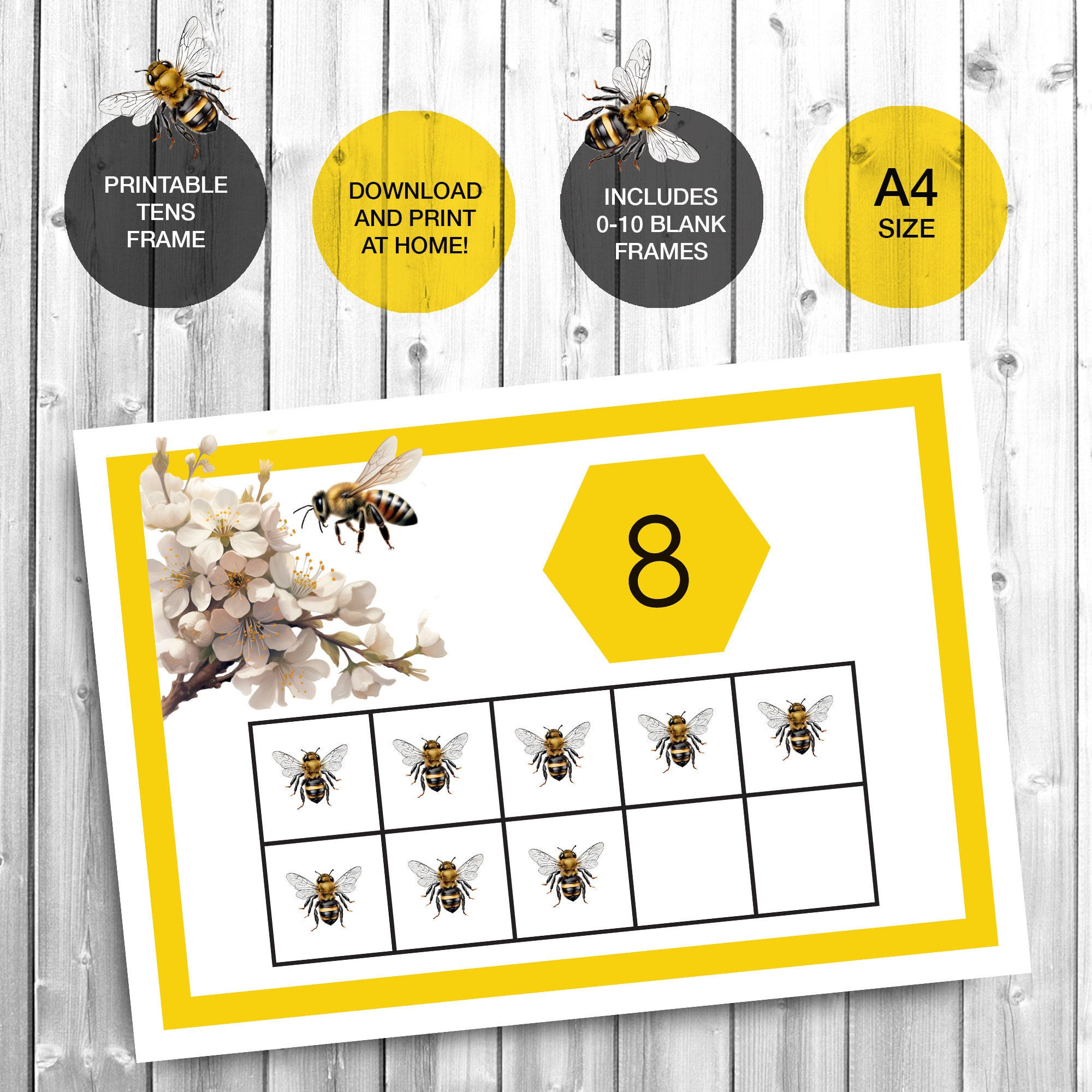 Bee Tens Frame Number Counting Activity for Preschool Maths and ...