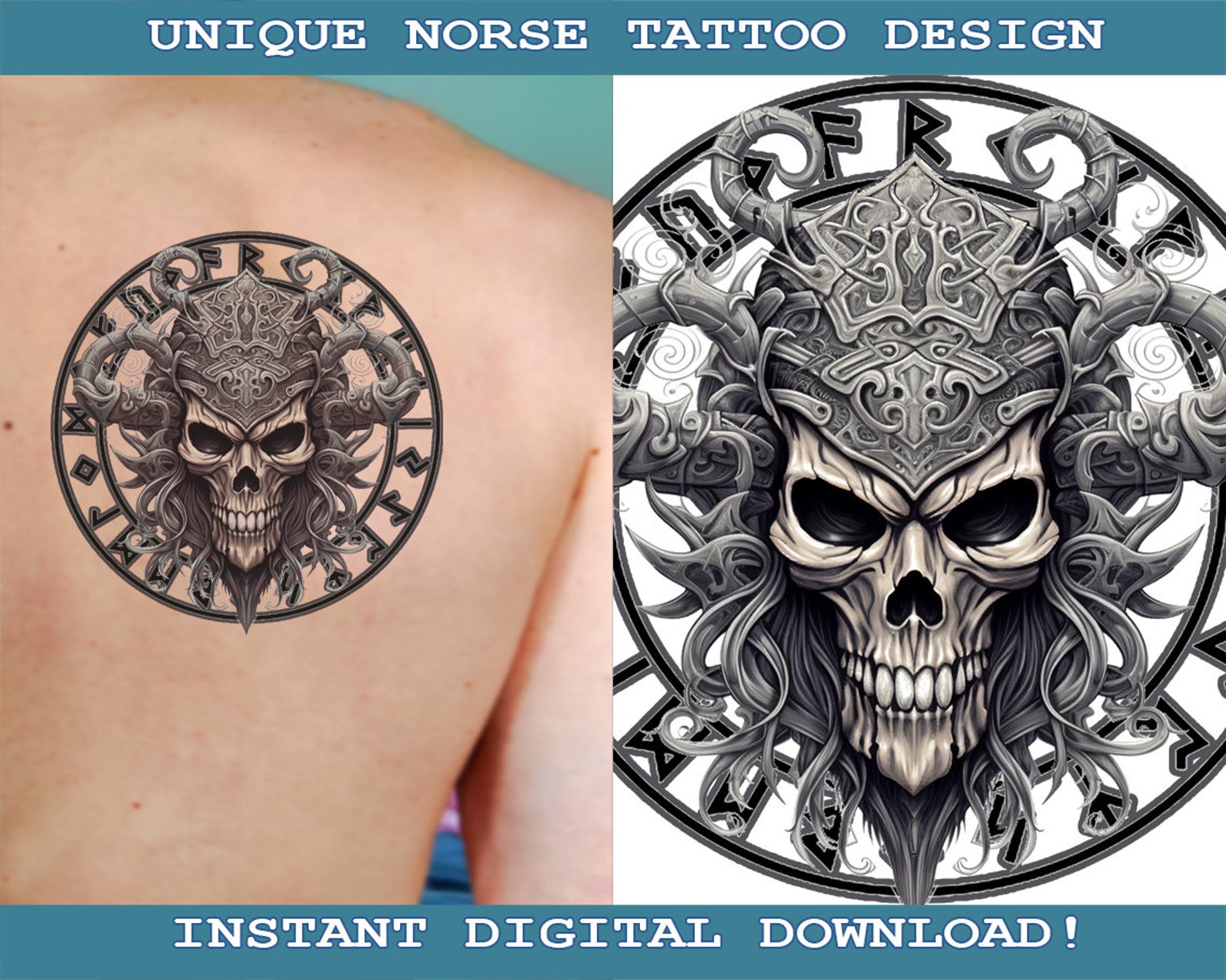 Skull With Runes Set of 4 Tattoo Design Instant Digital Download ...