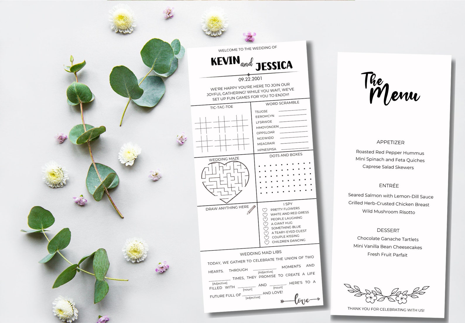 Minimalist Wedding Games and Wedding Menu Templates for Guests Activity ...