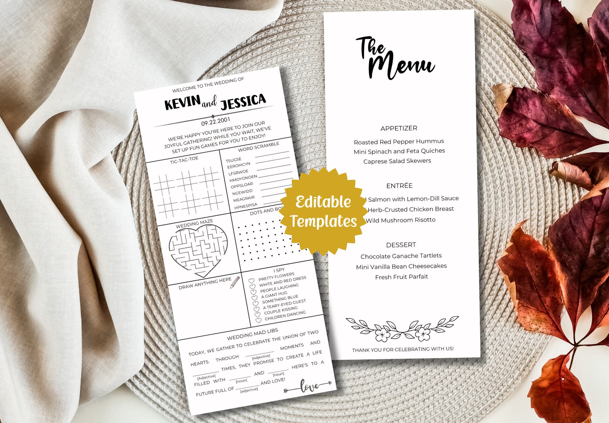 Minimalist Wedding Games and Wedding Menu Templates for Guests Activity ...