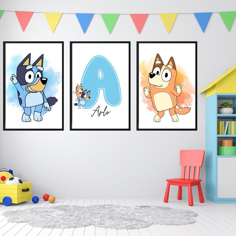 Personalised Bluey Wall Art Set of 3, Custom Bluey Room Decor Print ...