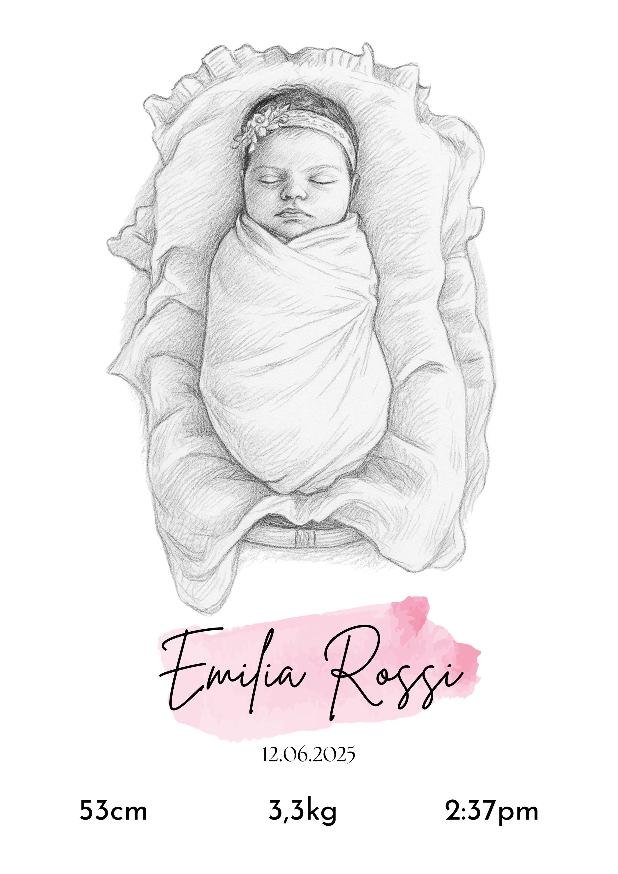 Custom Newborn Sketch Birth Poster Drawing Baby Portrait Custom Nursery ...