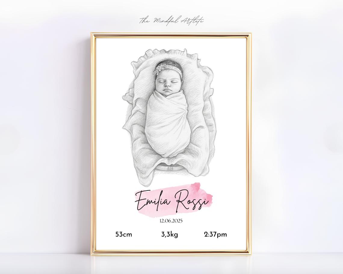 Custom Newborn Sketch Birth Poster Drawing Baby Portrait Custom Nursery ...