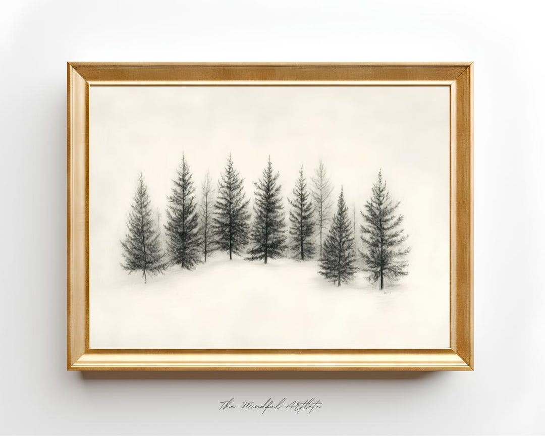 Vintage Pine Sketch Pine Forest Pencil Rustic Winter Print Vintage ...