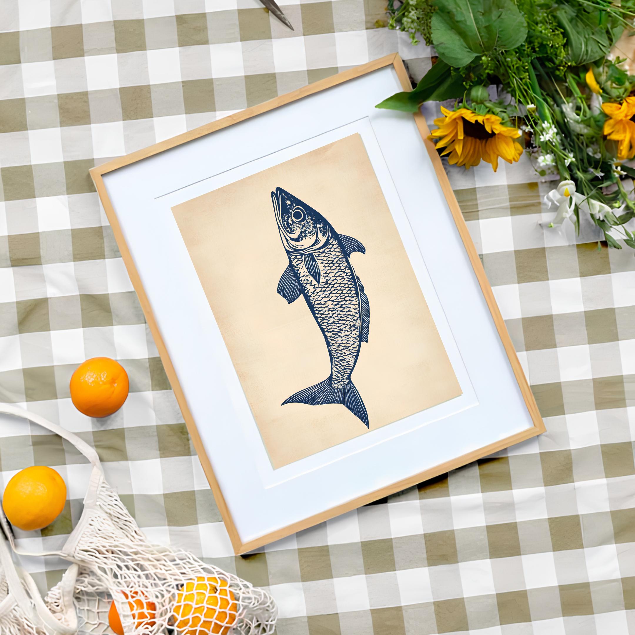 Herring Print Linocut Vintage Poster Retro Herring Wall Art Fish Print ...