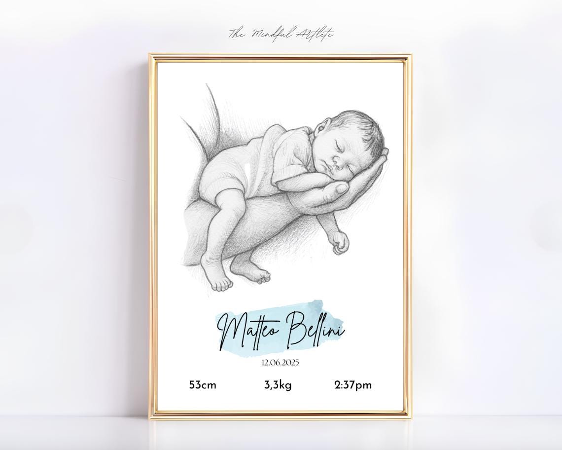 Custom Newborn Sketch Birth Poster Drawing Baby Portrait Custom Nursery ...