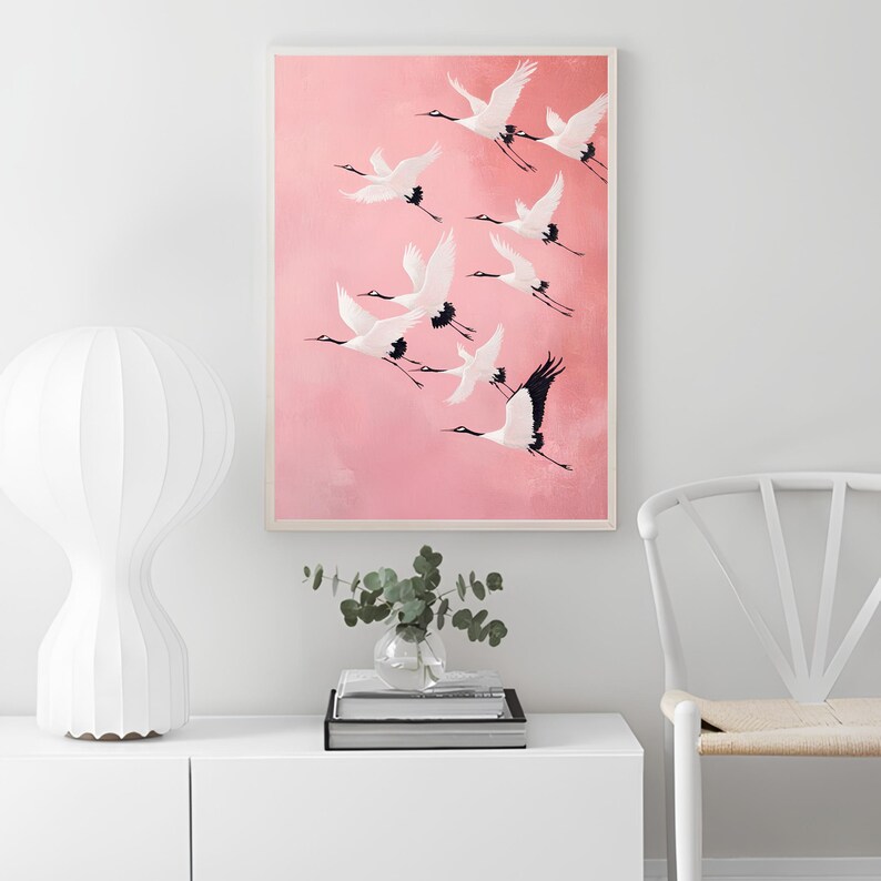 Japanese Crane Art Vintage Japanese Print Pink Crane Painting Pastel ...