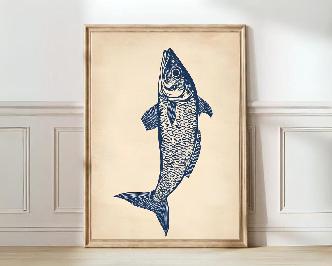 Herring Print Linocut Vintage Poster Retro Herring Wall Art Fish Print ...