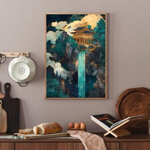 Waterfall Wall Art Japanese Waterfall Printable Hokusai Ukiyo-e Emerald ...
