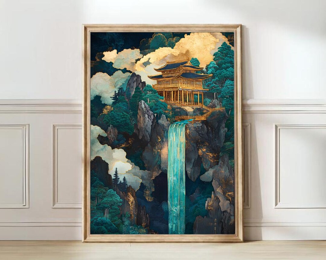 Waterfall Wall Art Japanese Waterfall Printable Hokusai Ukiyo-e Emerald ...