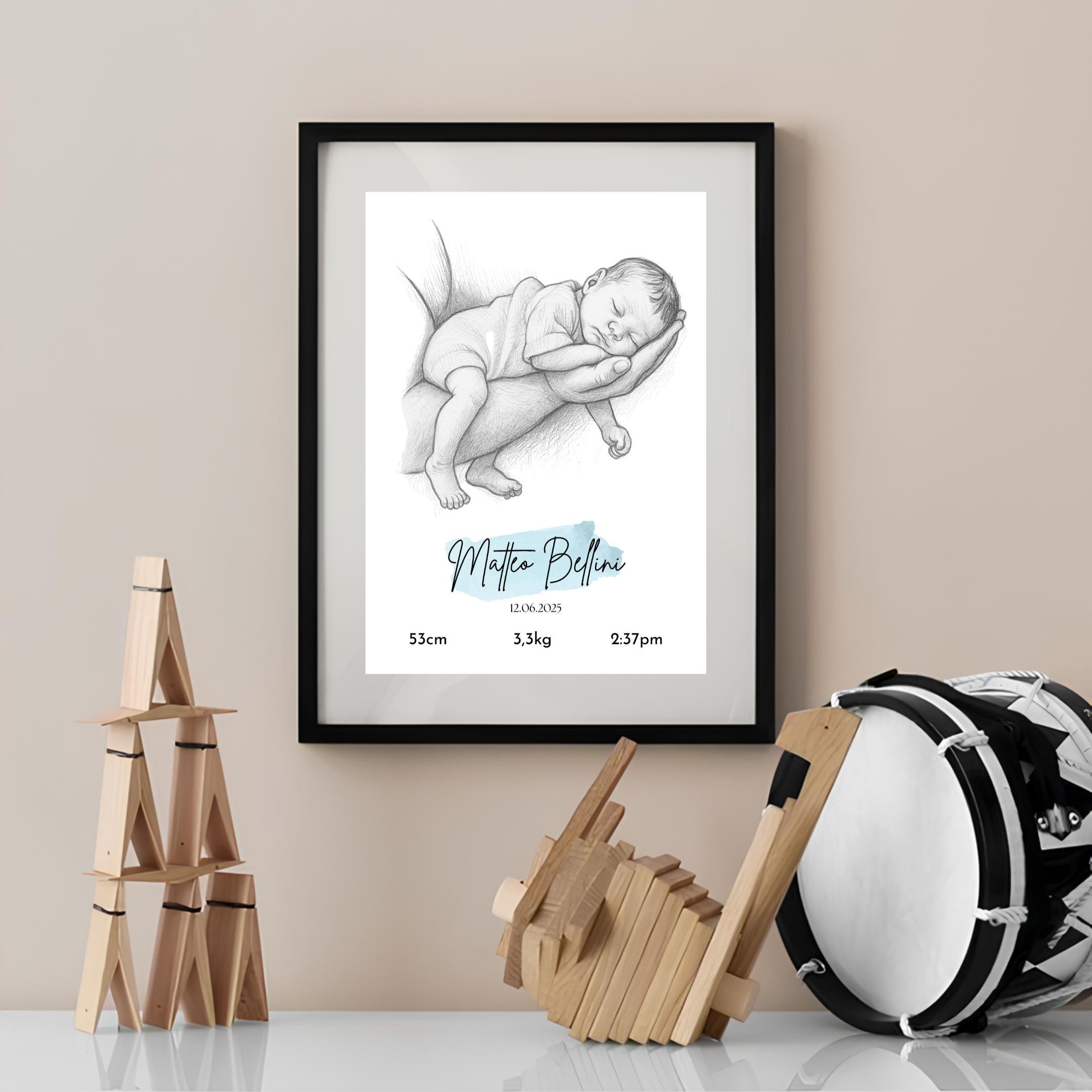 Custom Newborn Sketch Birth Poster Drawing Baby Portrait Custom Nursery ...