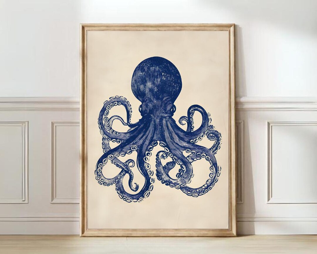 Octopus Print Linocut Vintage Poster Retro Octopus Wall Art Fish Print ...
