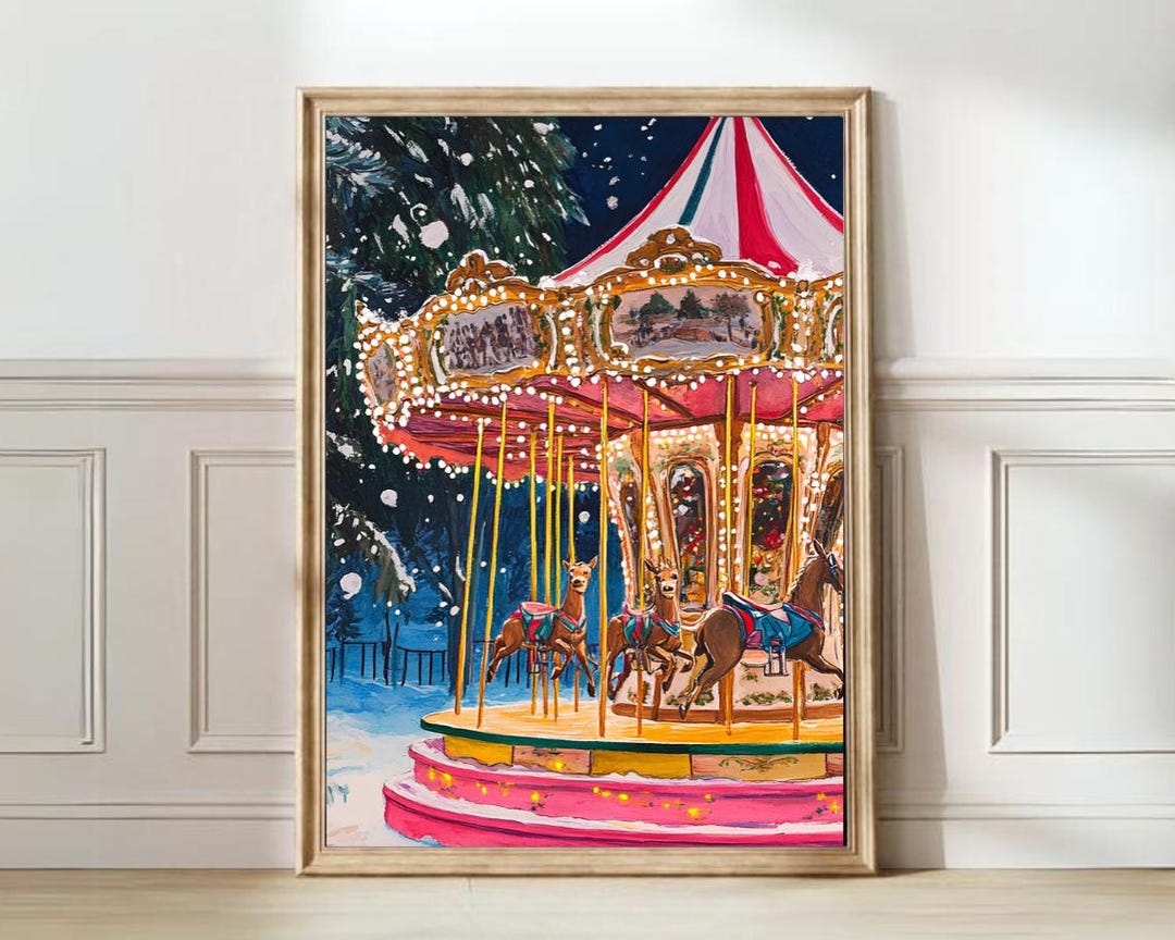 Retro Carousel Print Colorful Christmas Painting Carousel Painting ...