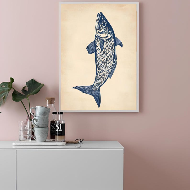 Herring Print Linocut Vintage Poster Retro Herring Wall Art Fish Print ...